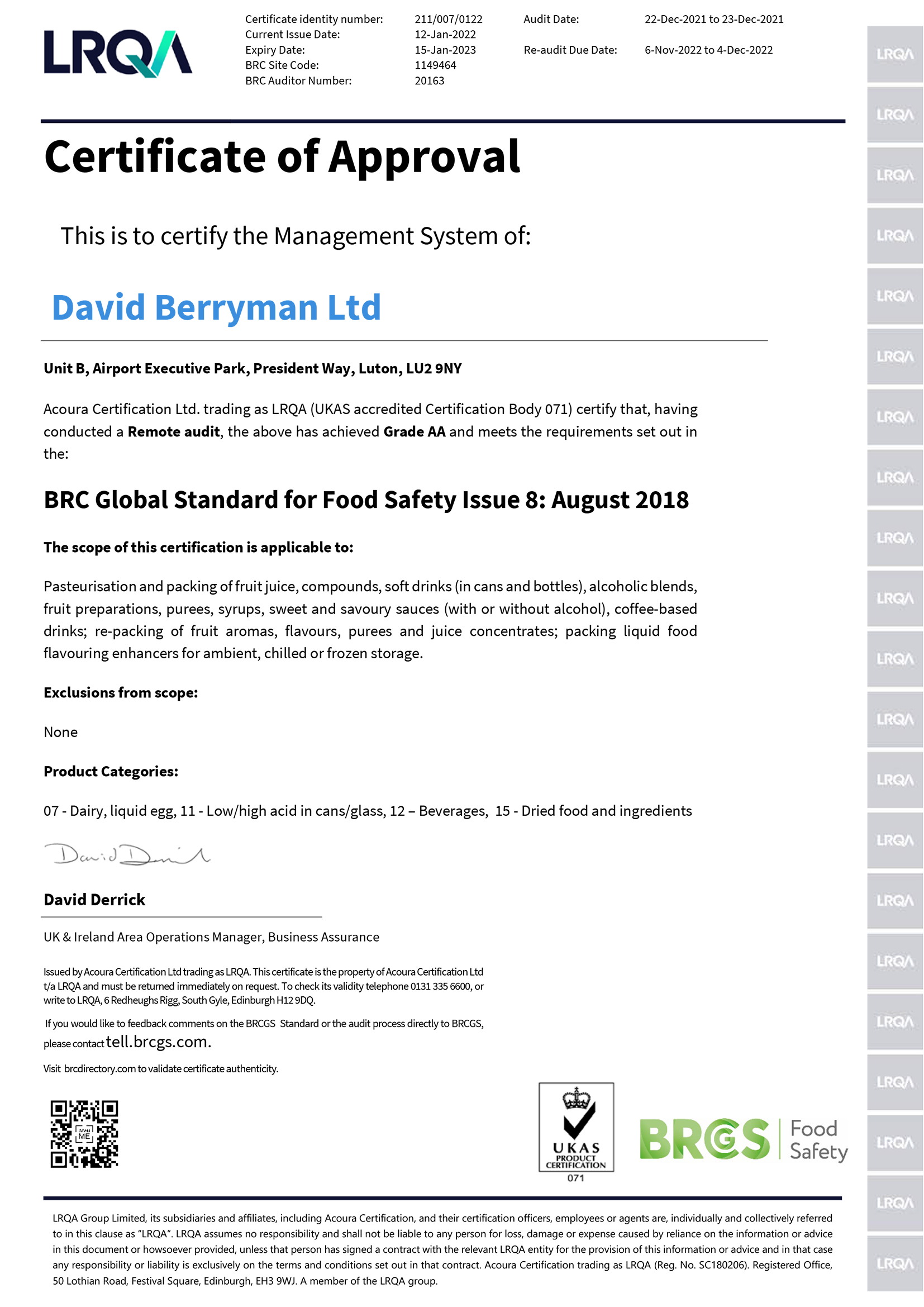 Certificates at David Berryman Ltd